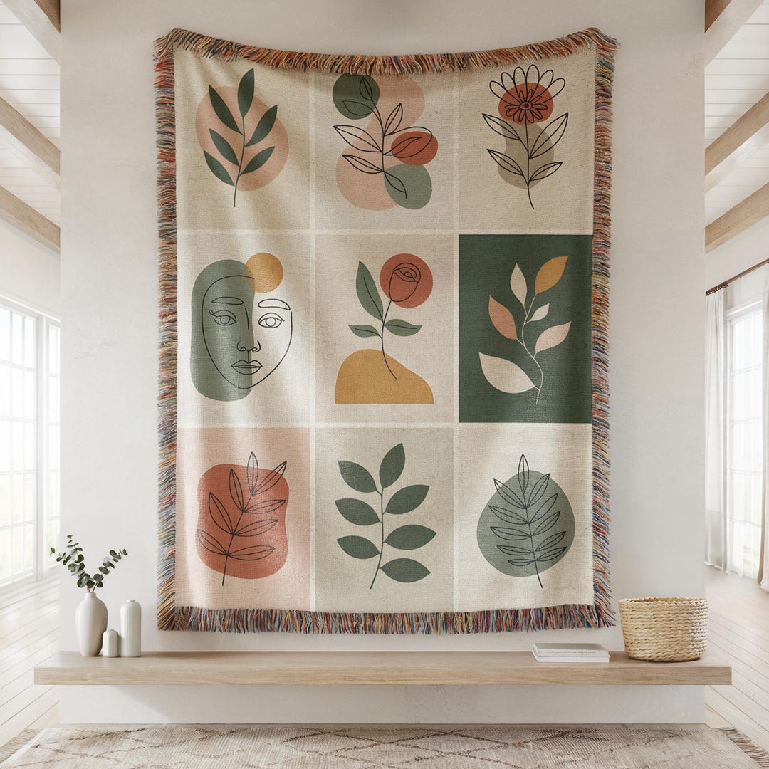 Botanical Grid Woven Blanket, Modern Plant Art Throw, Fringed Cotton - Etsy