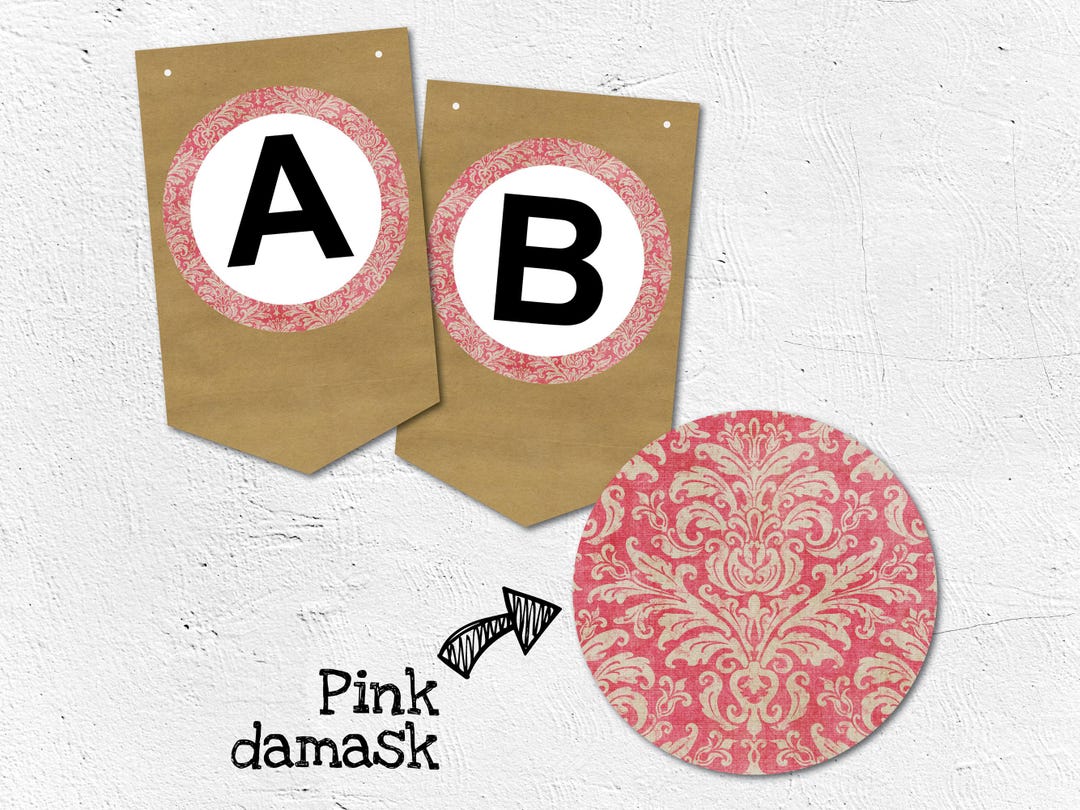 Pink Damask Editable Banner Template, Printable Pennants, Custom DIY ...