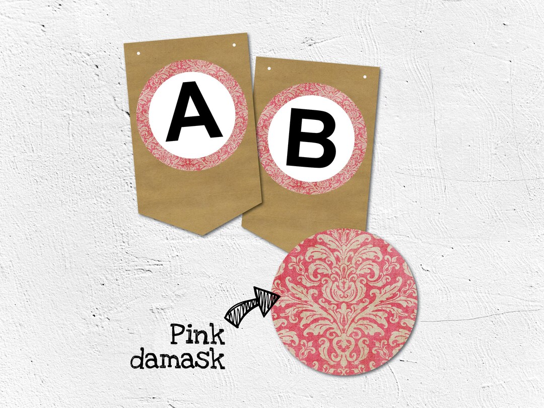 Pink Damask Editable Banner Template, Printable Pennants, Custom DIY ...