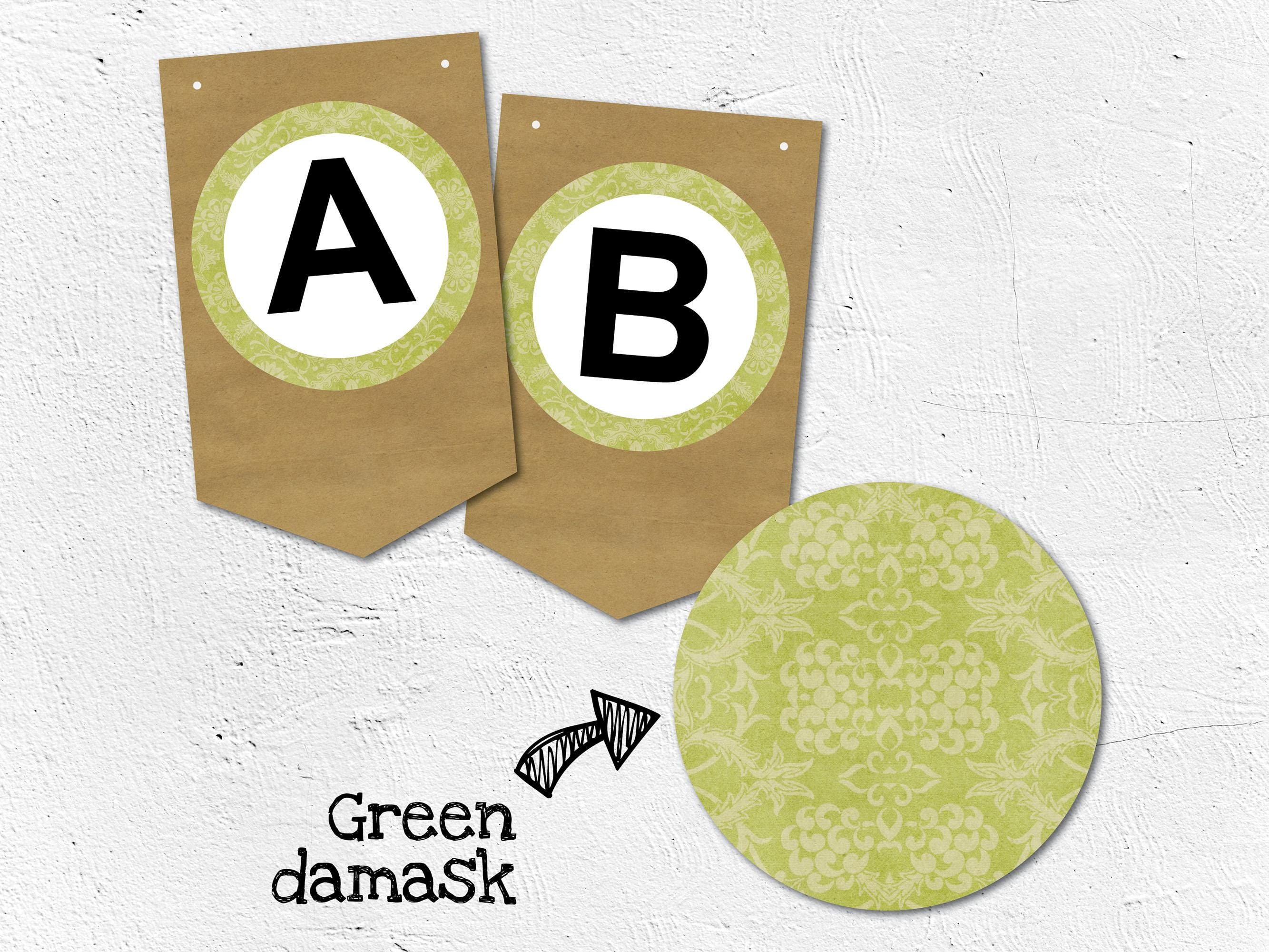 Green Damask Editable Banner Template, Printable Pennants, Custom DIY ...