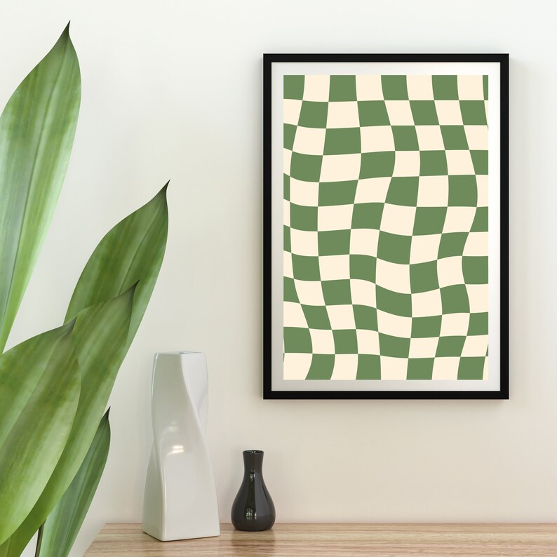 Green Beige Wavy Checkerboard Printable Wall Art, Groovy Retro Boho ...