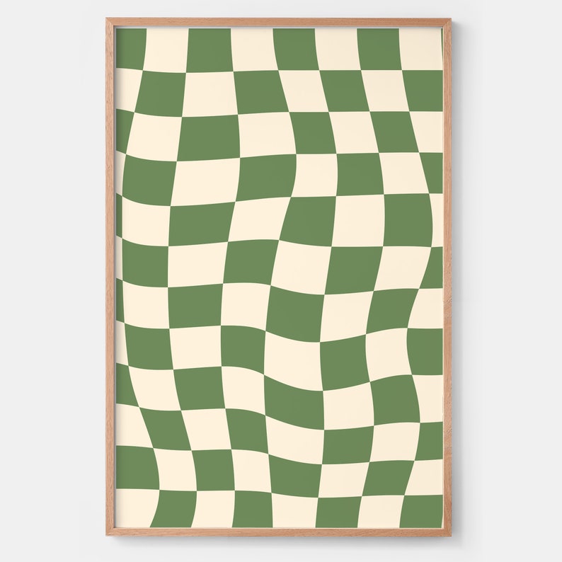 Green Beige Wavy Checkerboard Printable Wall Art, Groovy Retro Boho ...