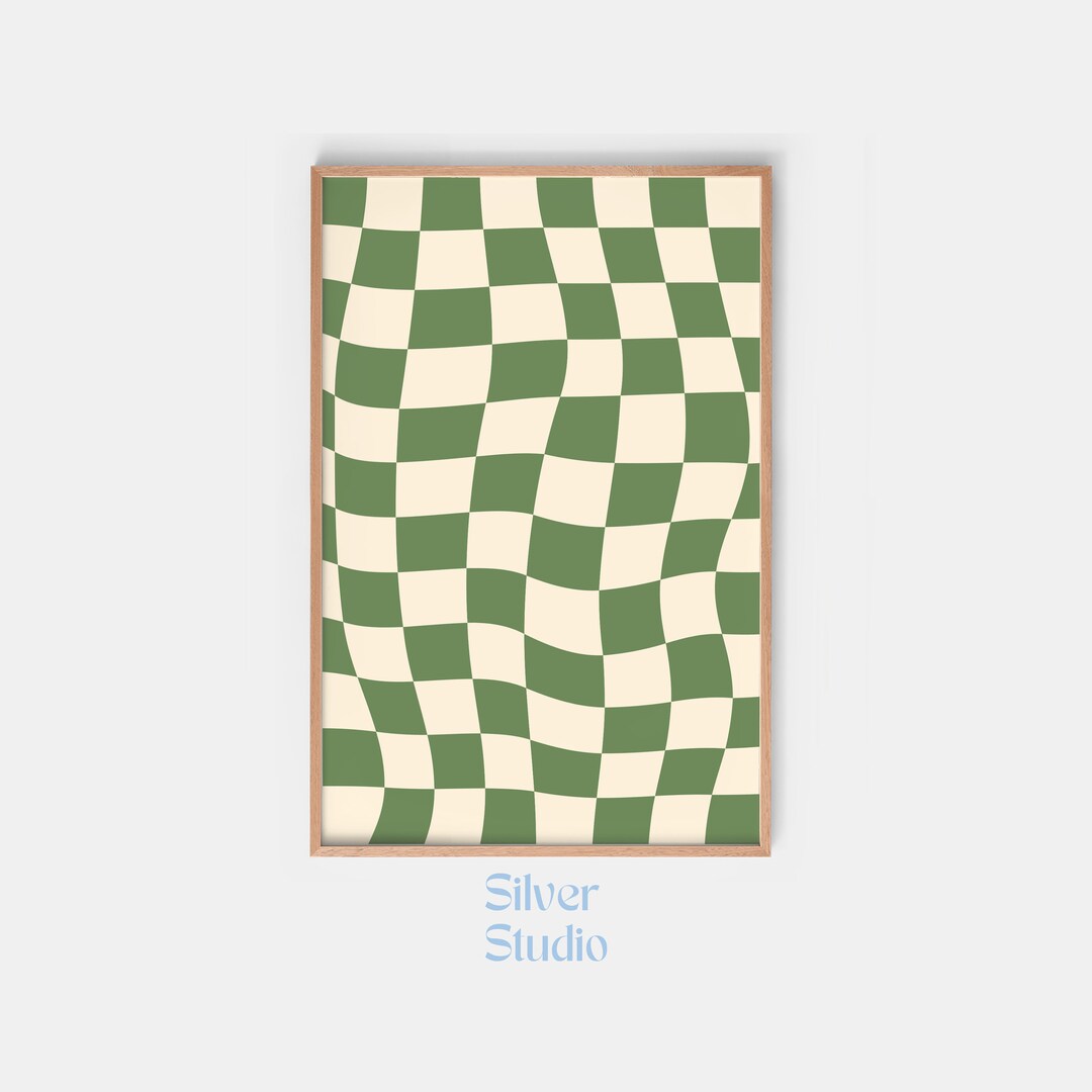 Green Beige Wavy Checker Print Checkerboard Groovy Trendy Retro Boho ...