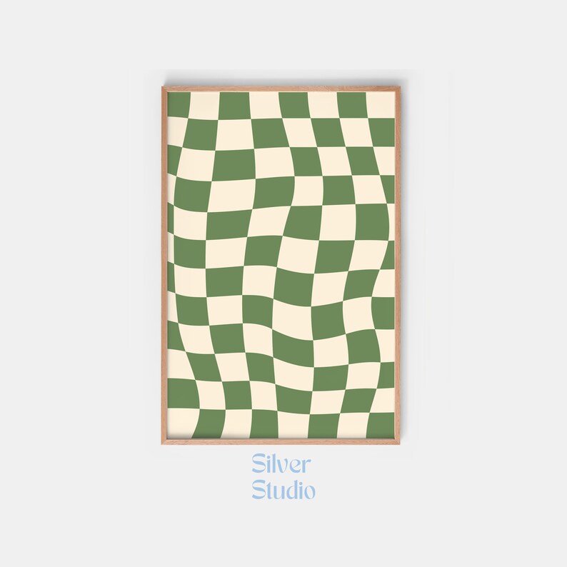 Green Beige Wavy Checker Print Checkerboard Groovy Trendy Retro Boho ...