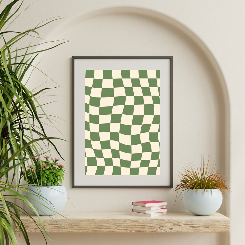 Green Beige Wavy Checkerboard Printable Wall Art, Groovy Retro Boho ...