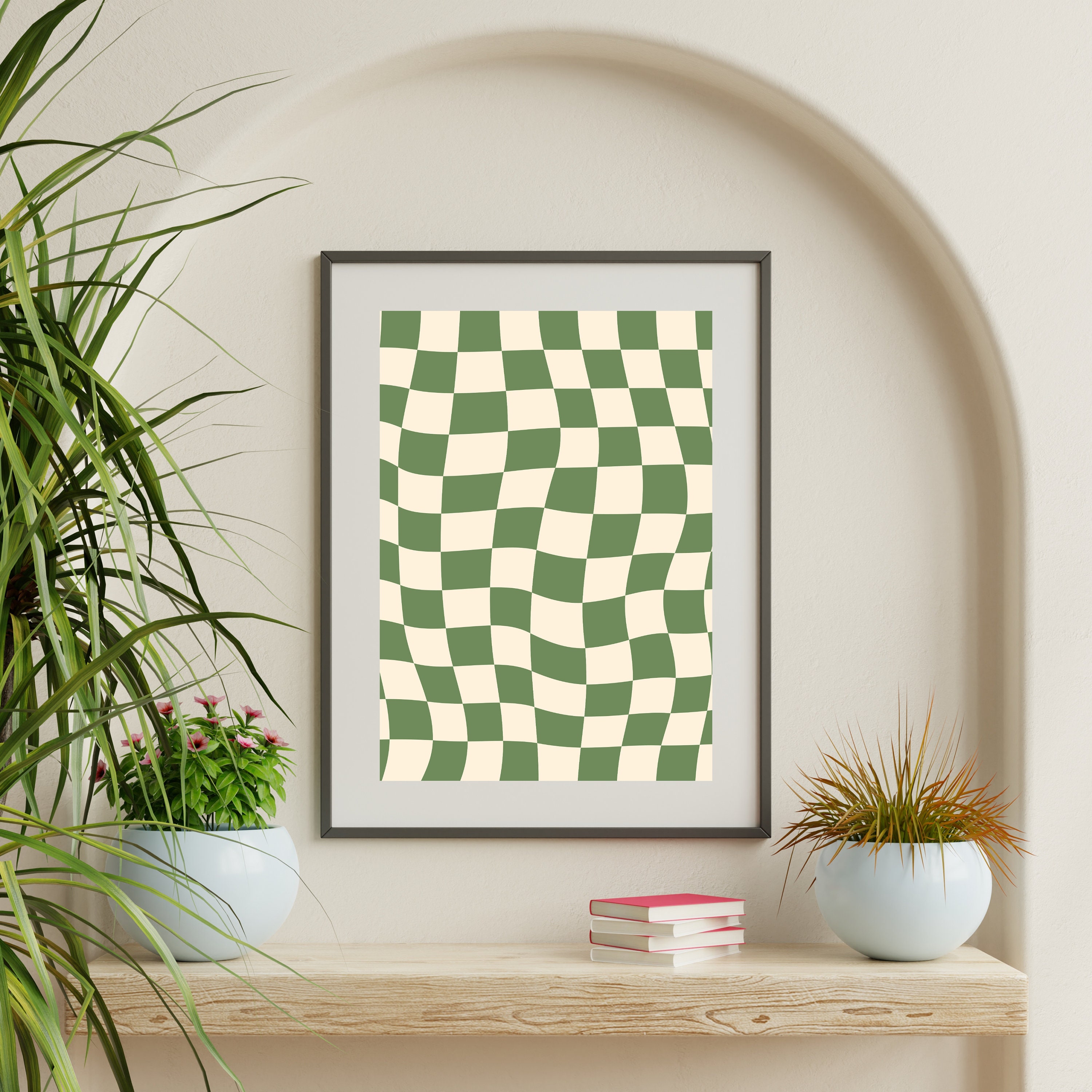 Green Beige Wavy Checkerboard Printable Wall Art, Groovy Retro Boho ...