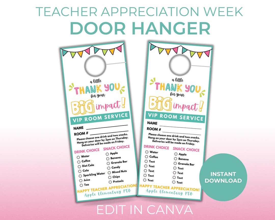 Teacher Appreciation Week Door Hanger, VIP Room Service Template for ...