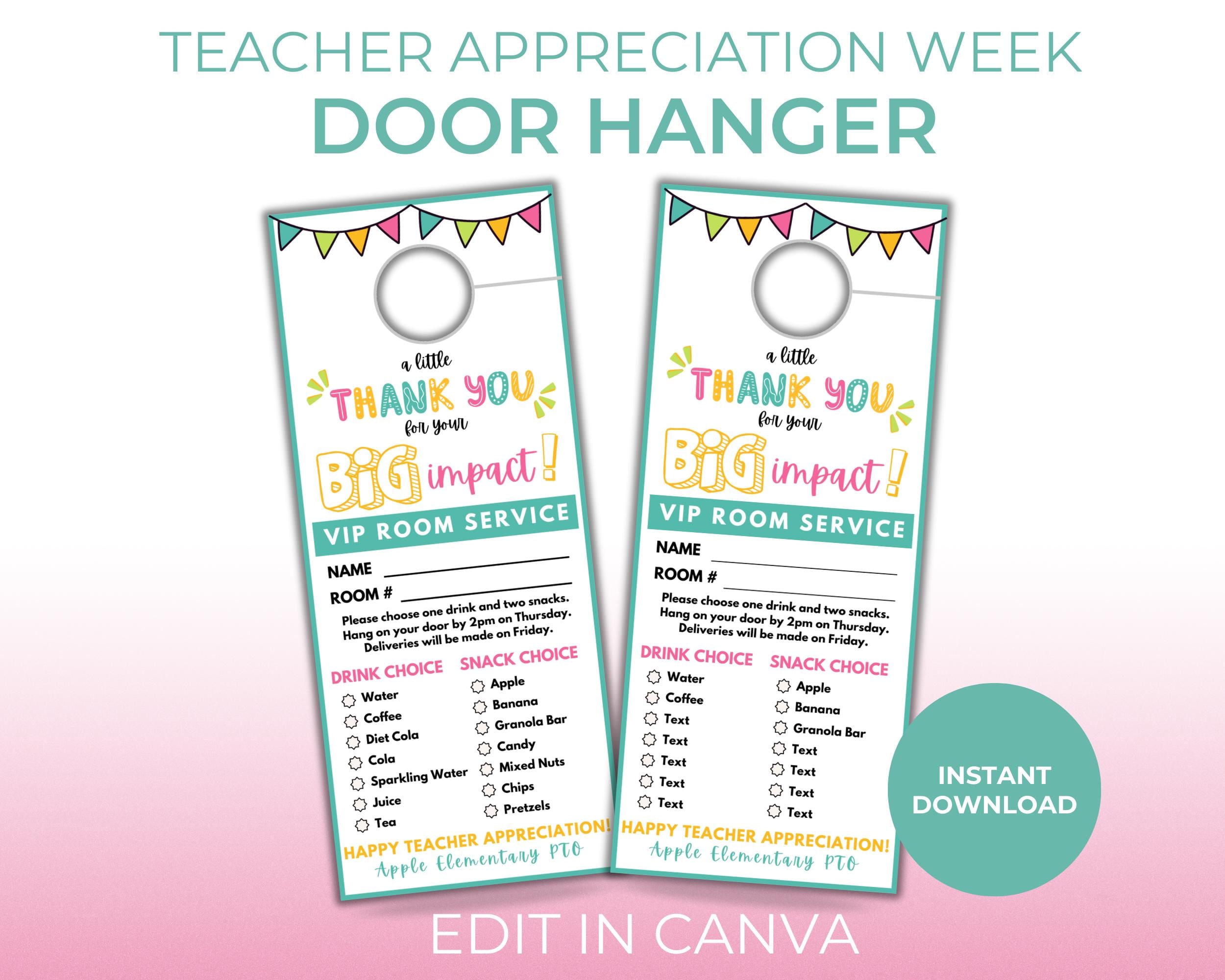 Teacher Appreciation Week Door Hanger, VIP Room Service Template for ...