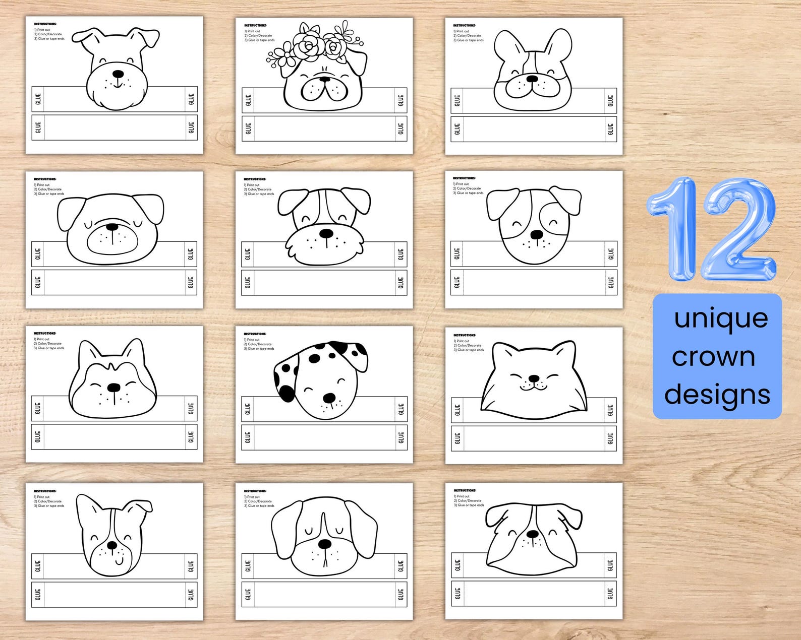Printable Puppy Crowns, Kids Coloring Craft, DIY Dog Themed Birthday ...