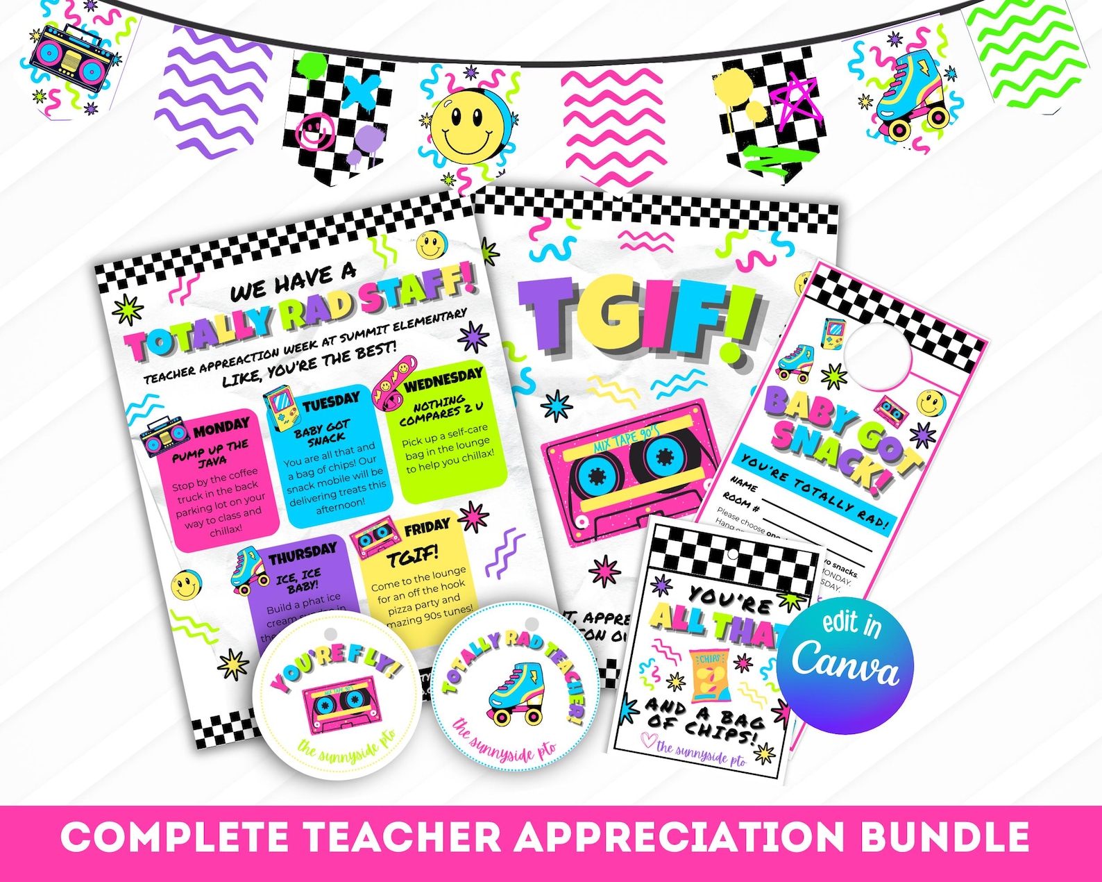 90s Teacher Appreciation Week Bundle Retro Theme Editable Canva ...