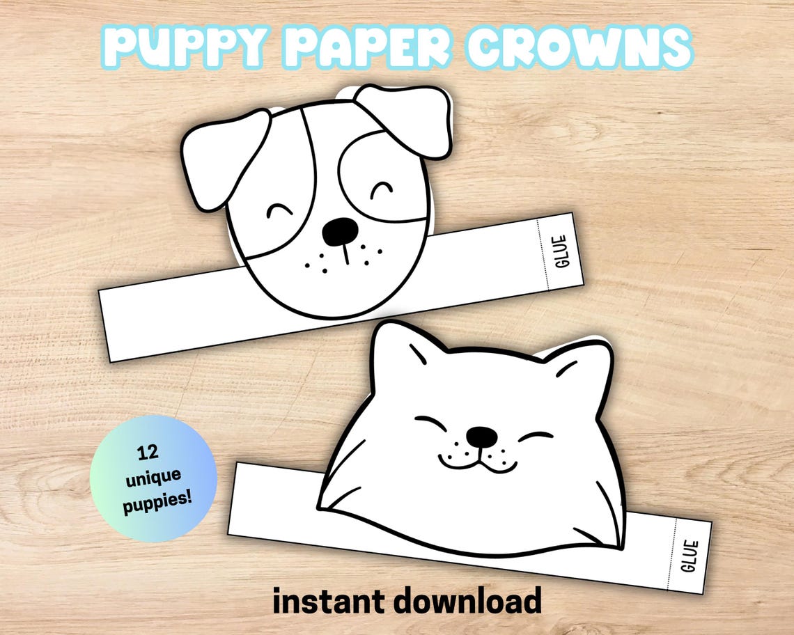 Printable Puppy Crowns, Kids Coloring Craft, DIY Dog Themed Birthday ...