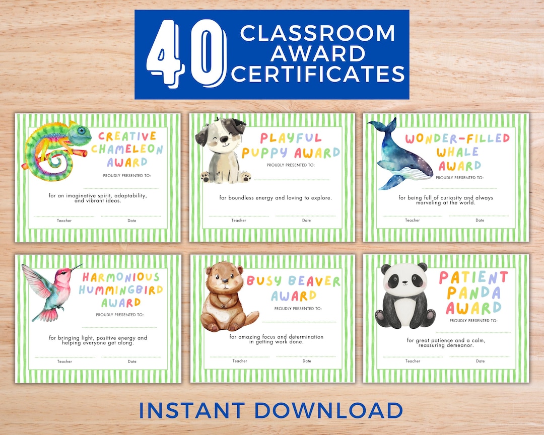 Printable End of Year Awards for Students – 40 Cute Animal Certificates ...
