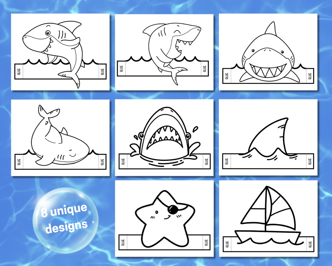 Printable Shark Paper Crown, Kids Coloring Craft, DIY Shark Birthday ...