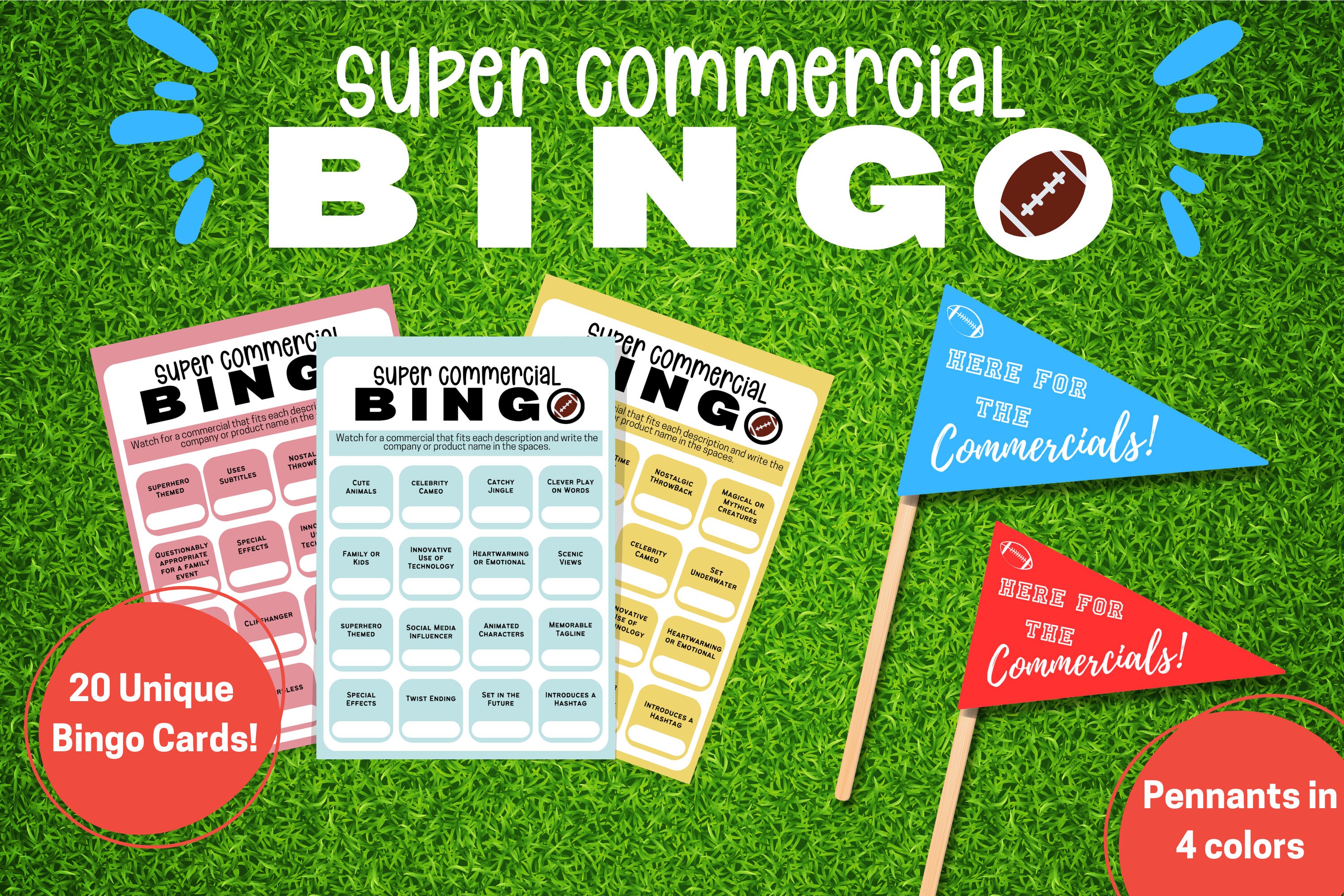 Super Commercial Bingo, Football Family Printable Party Game, Here for ...