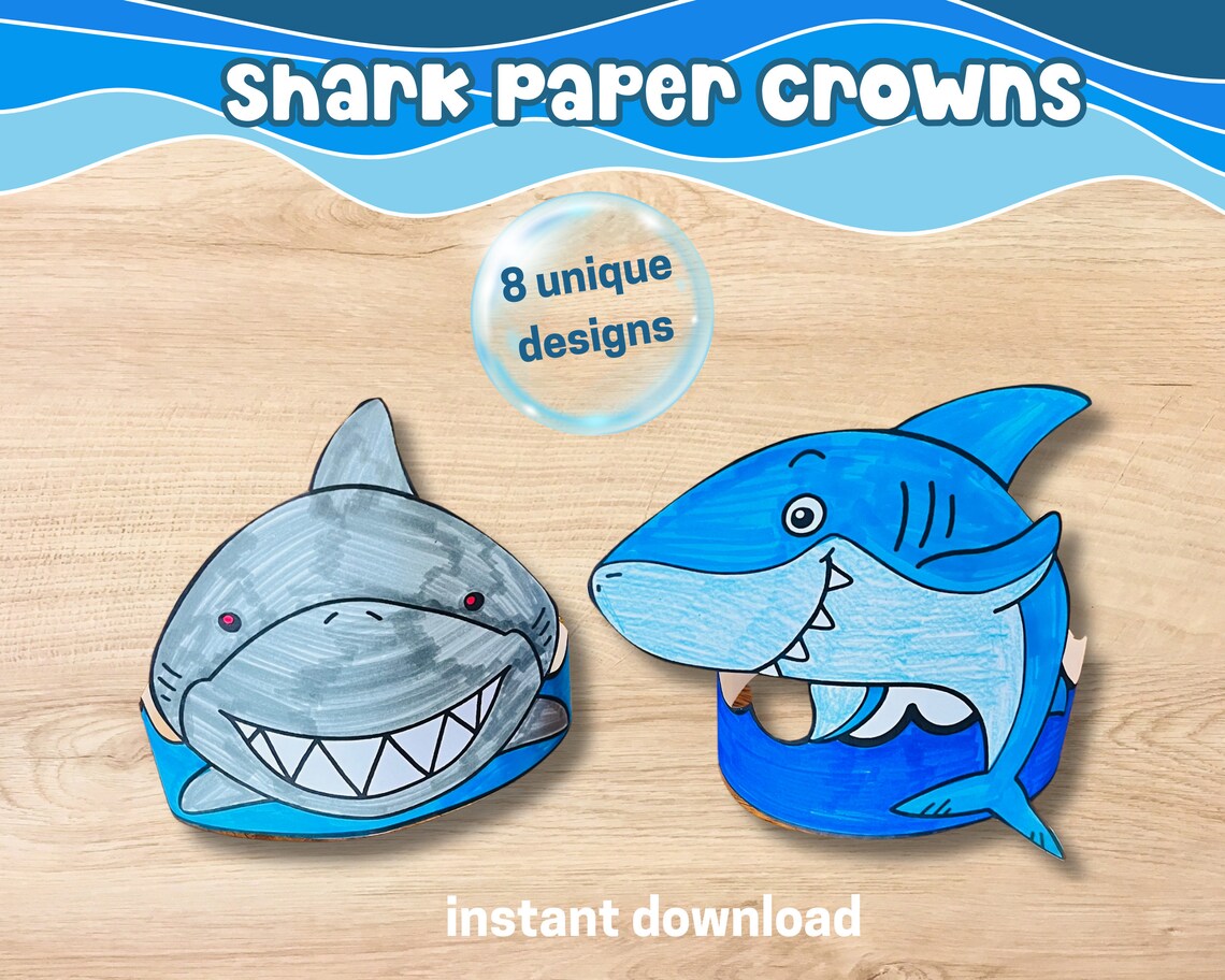 Printable Shark Paper Crown, Kids Coloring Craft, DIY Shark Birthday ...