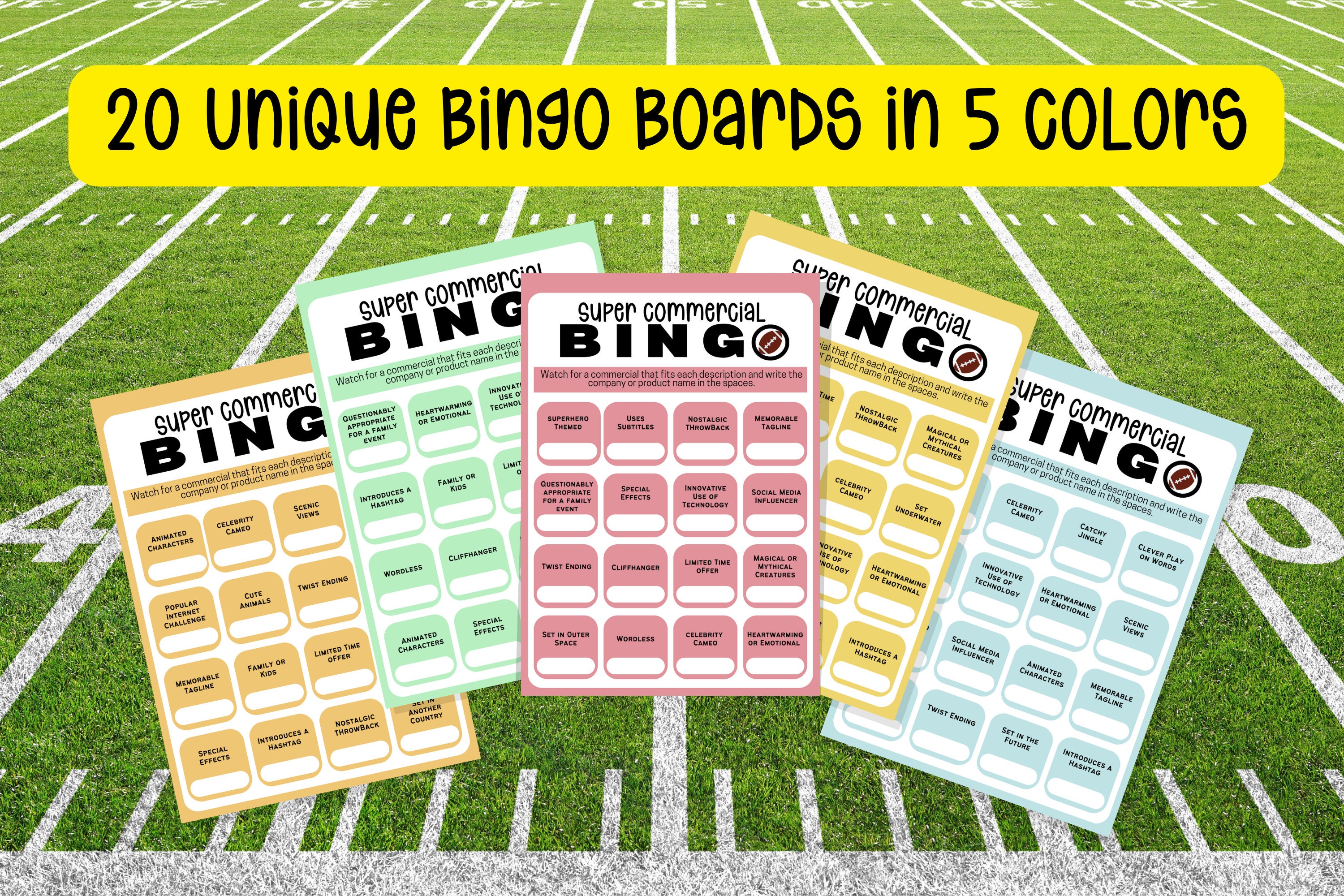 Super Commercial Bingo, Football Family Printable Party Game, Here for ...