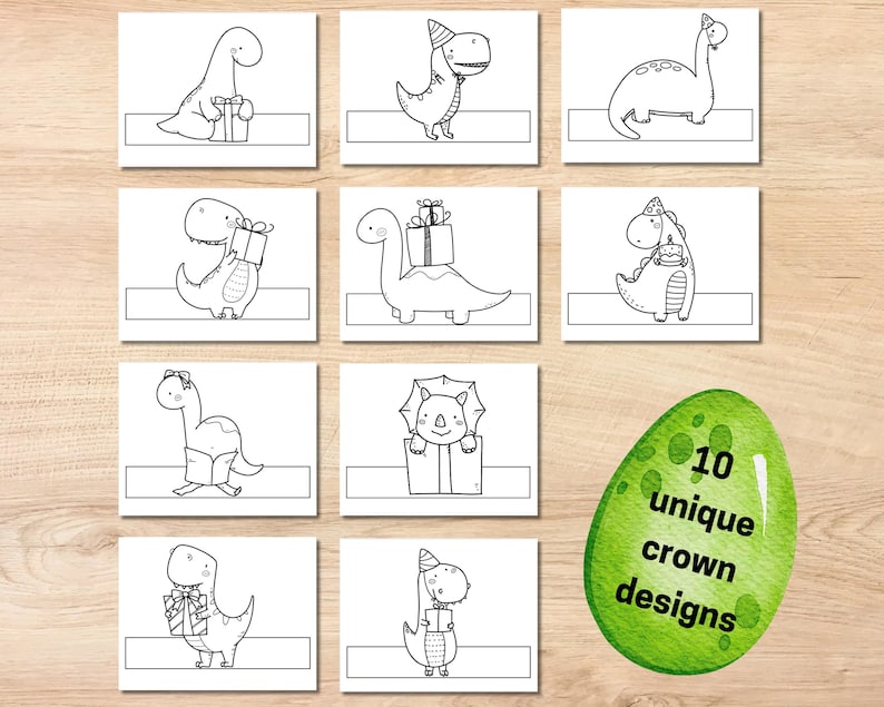 Printable Dinosaur Birthday Crowns: Kids Coloring Craft (digital ...