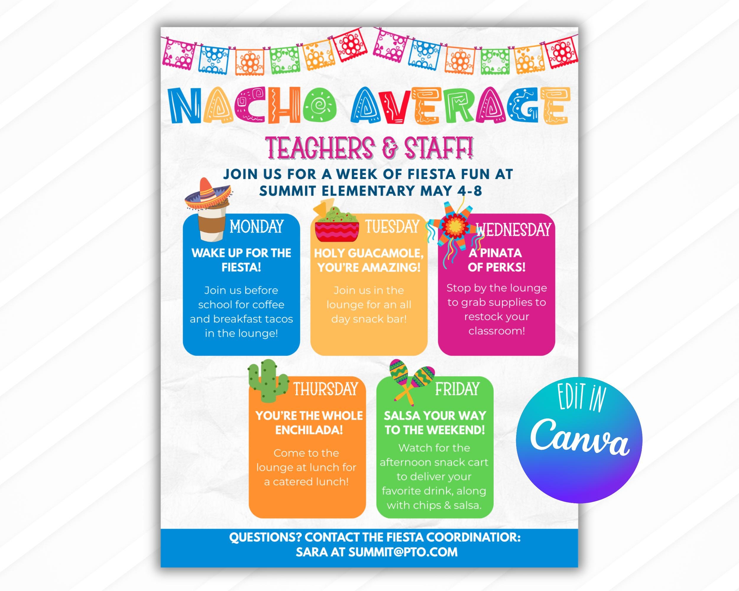 Nacho Average Teacher Appreciation Itinerary Editable Template, Fiesta ...