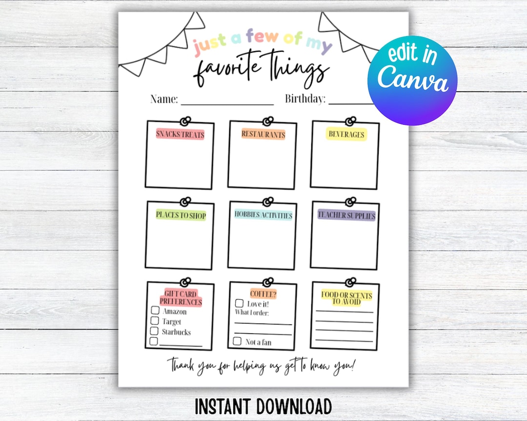 Editable Teacher Favorite Things Survey | Back to School Printable ...