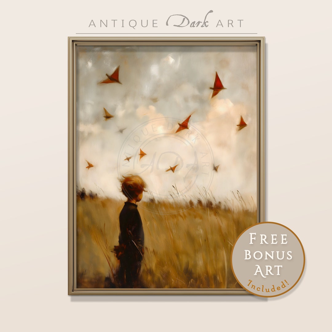 Vintage Kite Festival Painting, Eclectic Beige Victorian Art, Dark ...