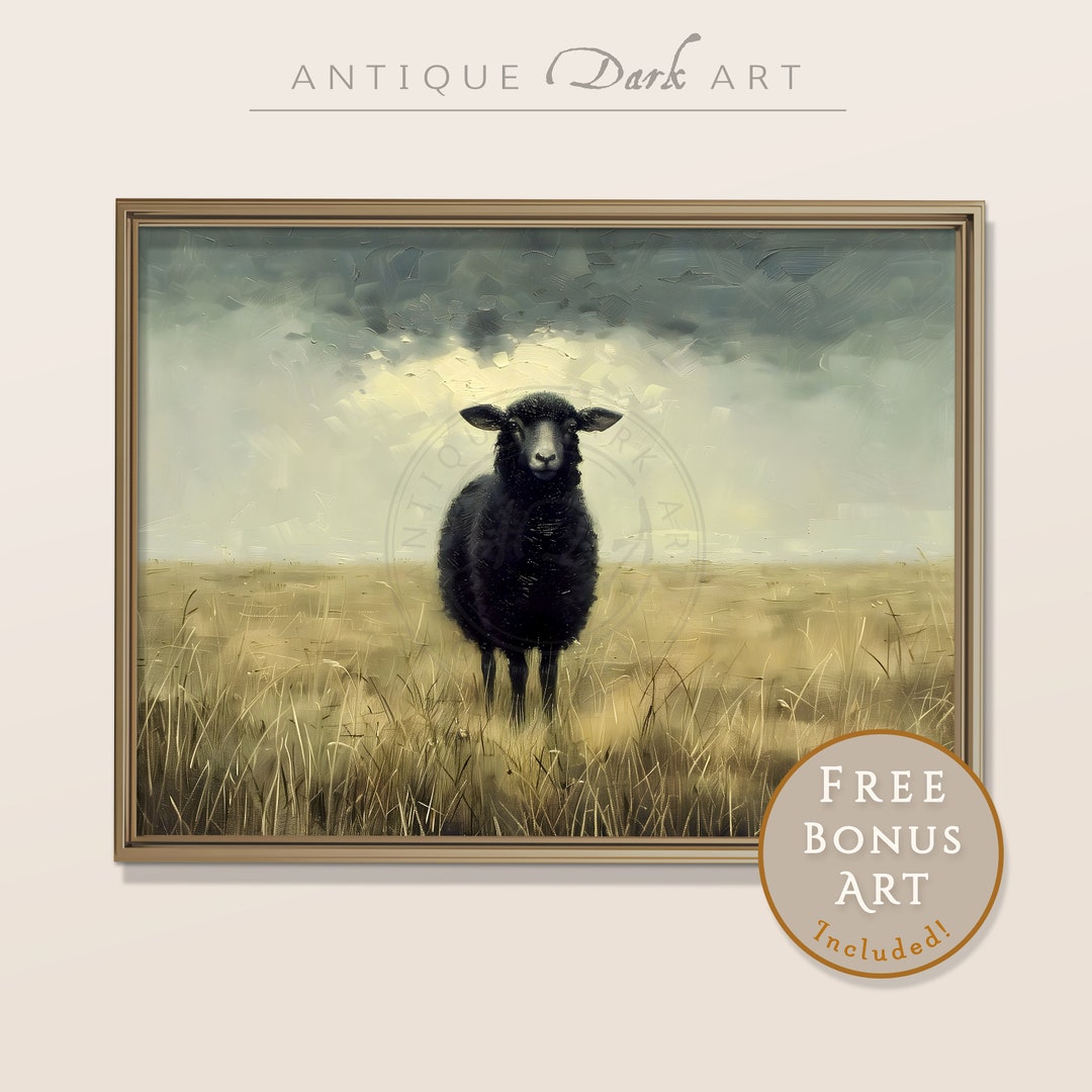 Black Sheep Painting, Beige Blue Landscape, Country Farm Decor, Light ...