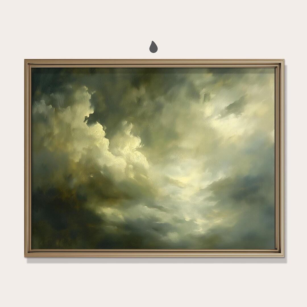 Spring Storm Cloud Oil Painting, Vintage Moody Green & Gray Sky ...