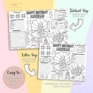 Mermaid Birthday Coloring Placemat Party Games Children Activity Under ...