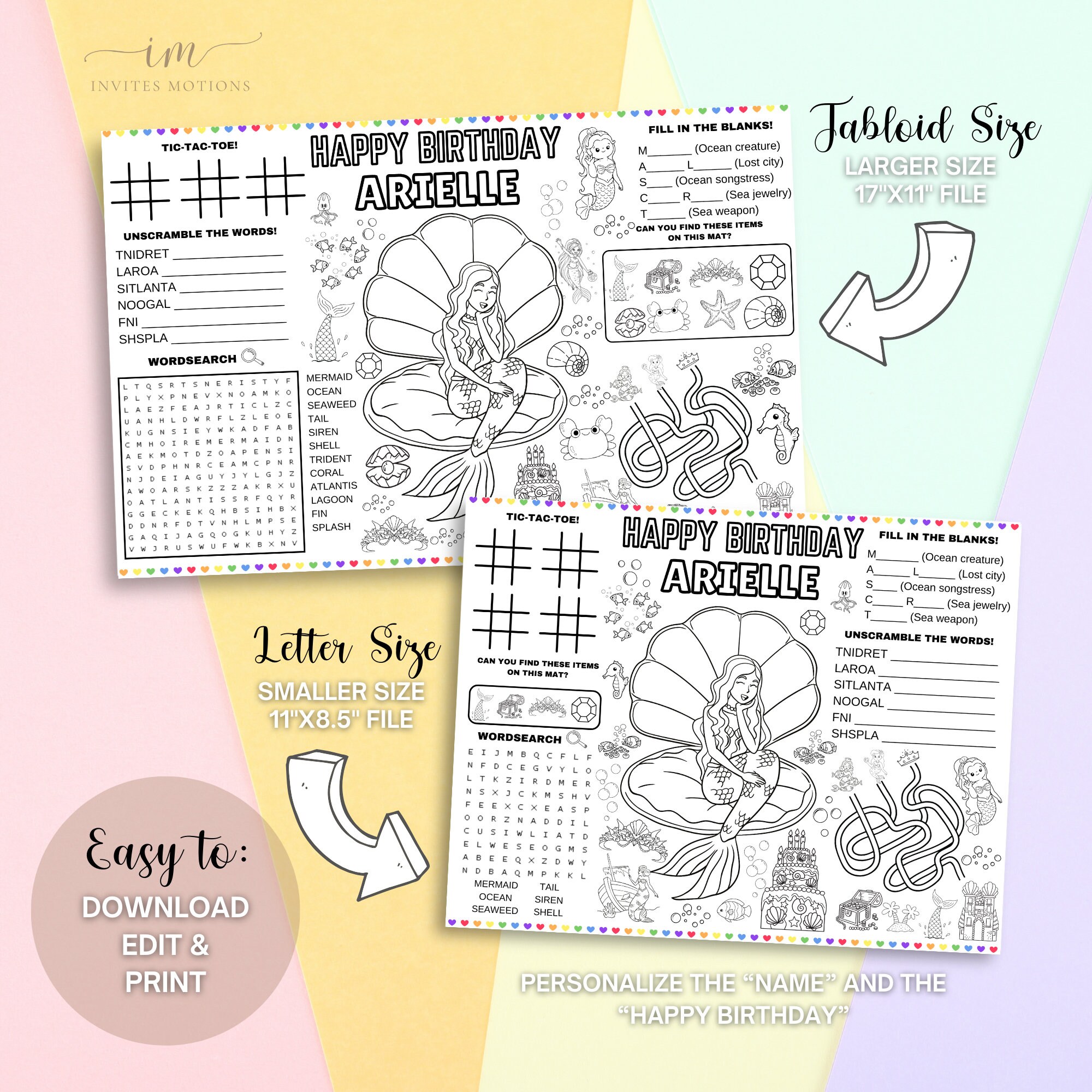 Mermaid Birthday Coloring Placemat Party Games Children Activity Under ...