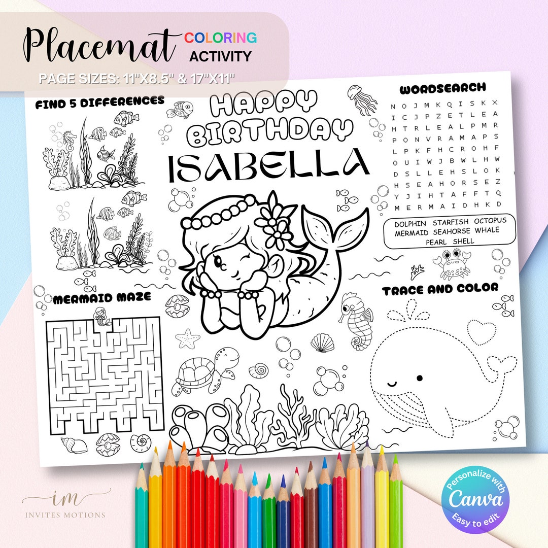 Editable Mermaid Birthday Coloring Placemat Party Games Children ...