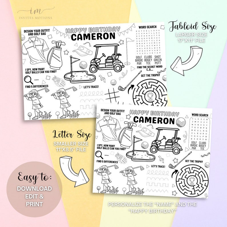 Golf Birthday Coloring Placemat Party Games Children Activity Par Tee ...