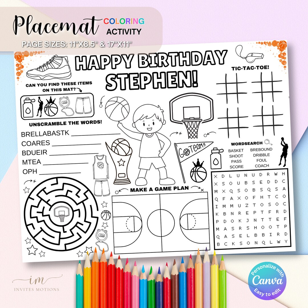 Basketball Coloring Placemat Party Children Activity Basketball Game ...