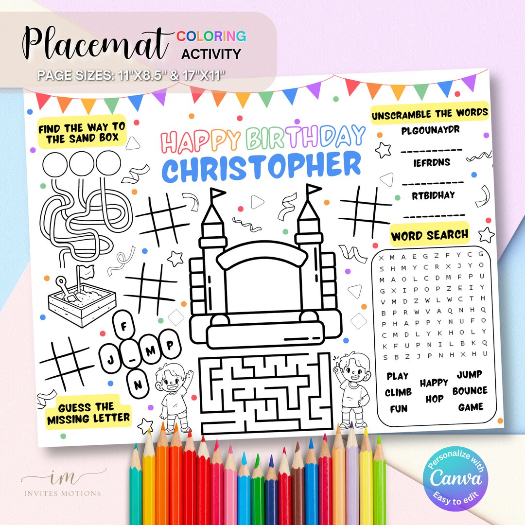 Bouncy Castle Coloring Placemat Party, Children Activity Play House ...