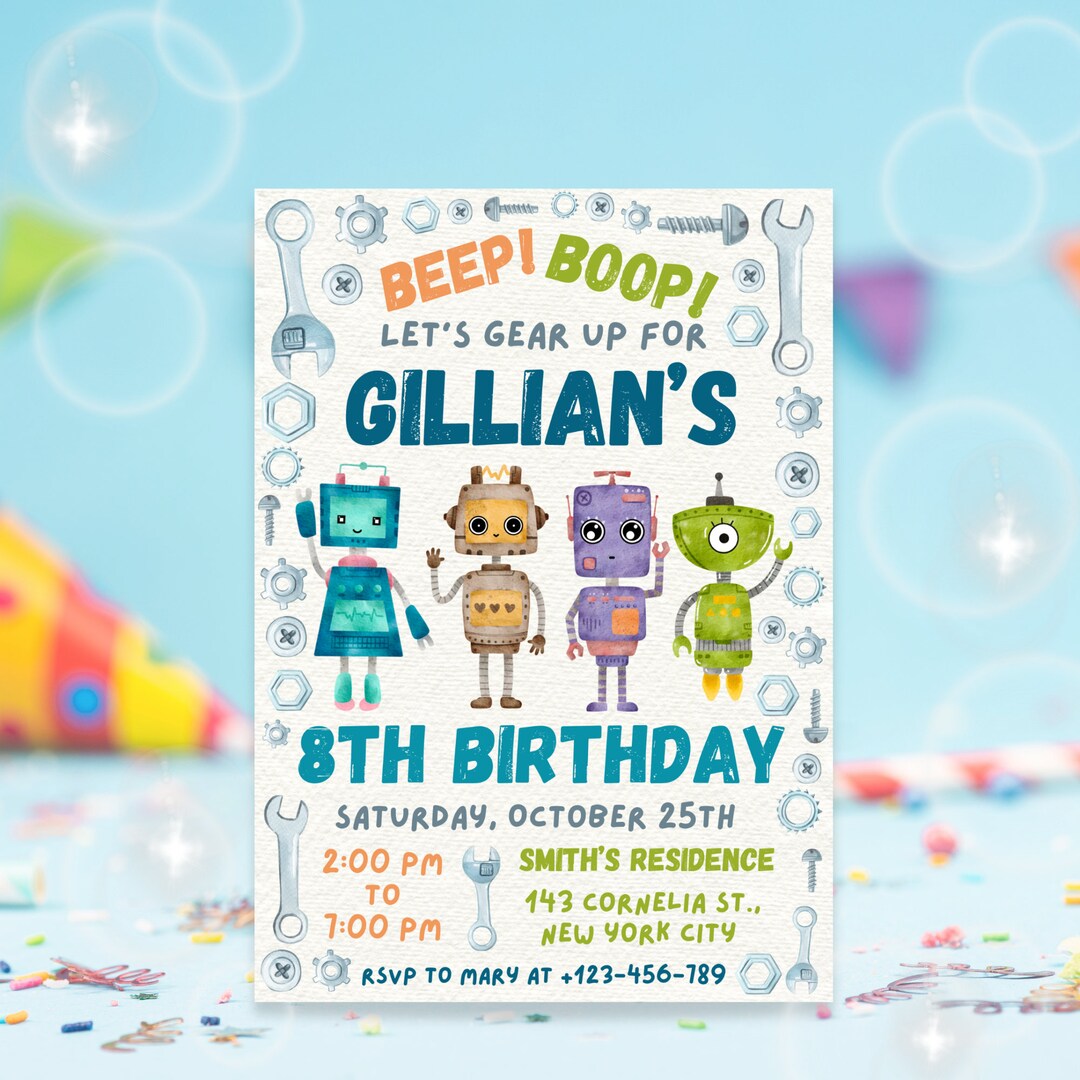 Robot Birthday Invitation, Editable Robot Party Invite, Printable ...