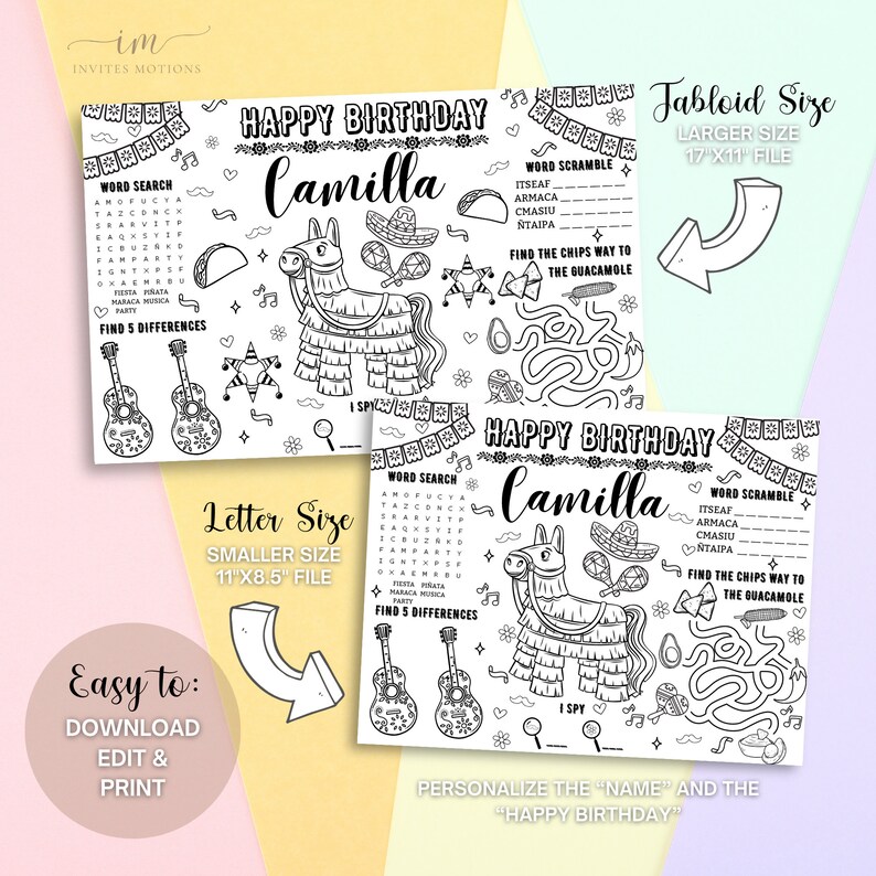 Piñata Birthday Coloring Placemat Party Games Children Activity Pinata ...