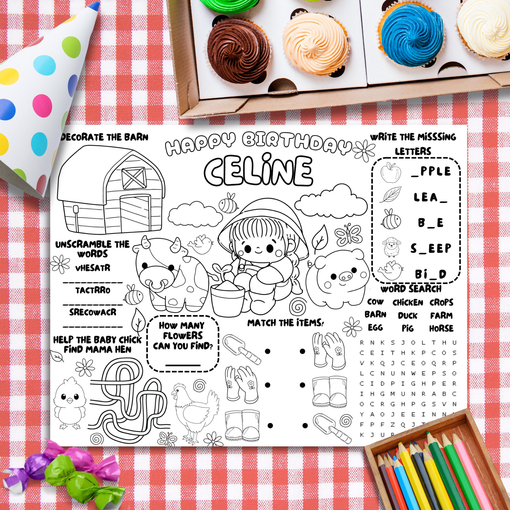 Farm Animals Birthday Coloring Placemat Party Games Children Activity ...