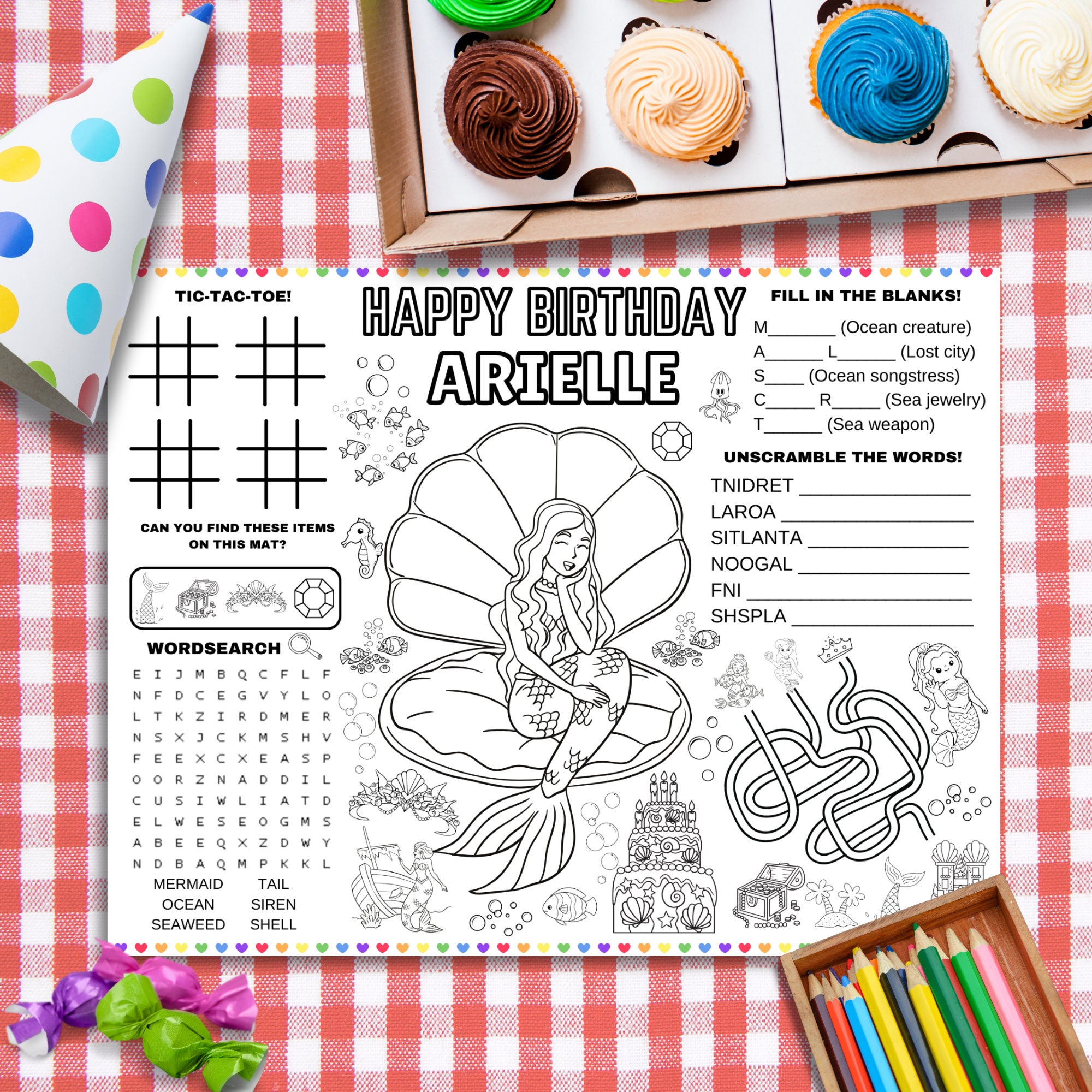 Mermaid Birthday Coloring Placemat Party Games Children Activity Under ...