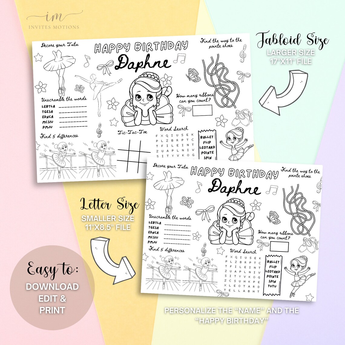 Ballerina Birthday Coloring Placemat Party Games Children Activity ...