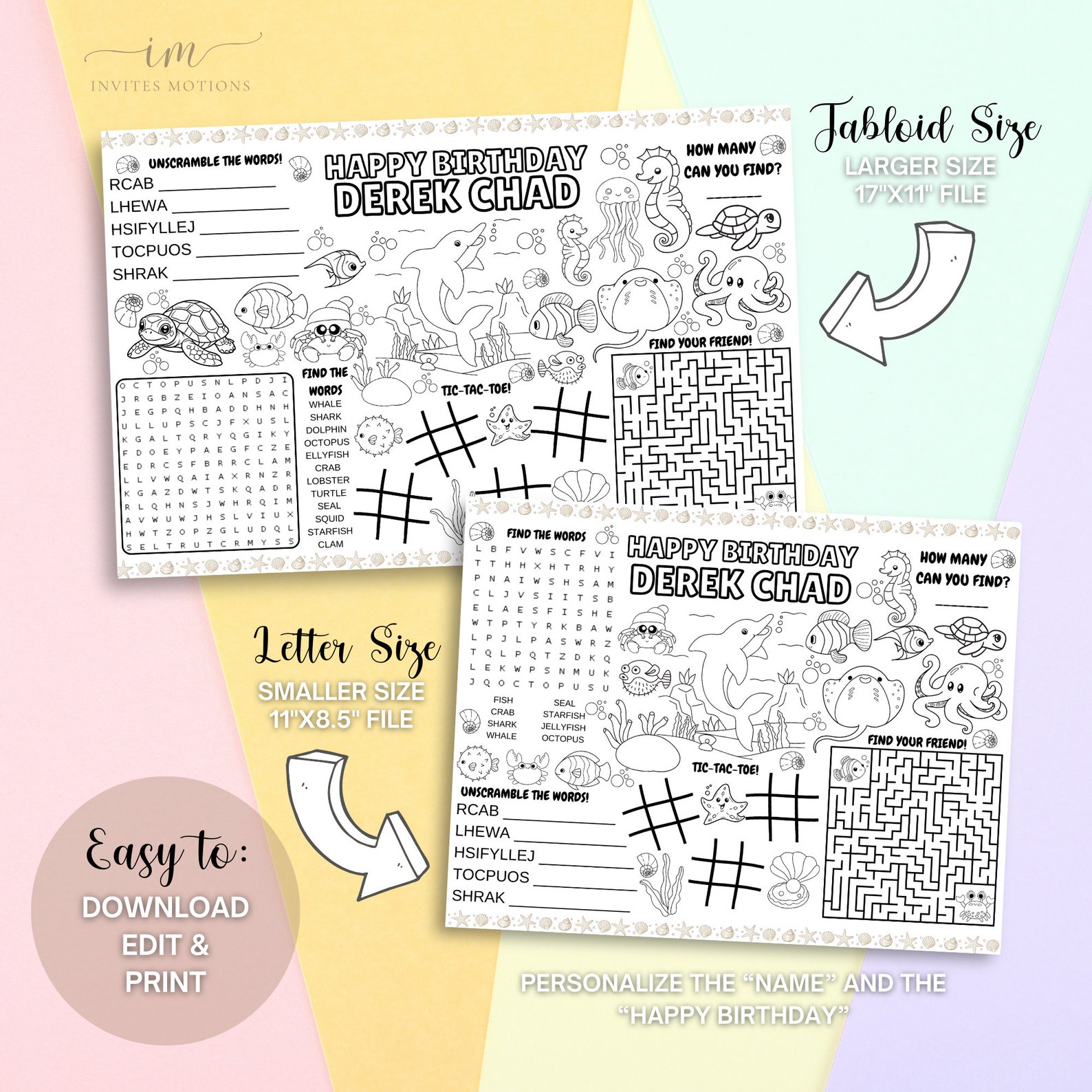 Under the Sea Birthday Coloring Placemat Party Games Children Activity ...