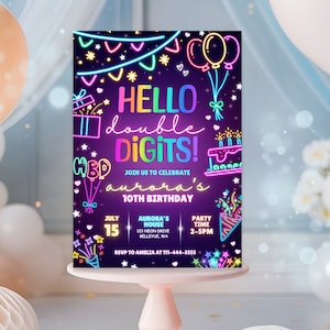 Hello Double Digits 10th Birthday Party Invitation Neon Glow Party ...