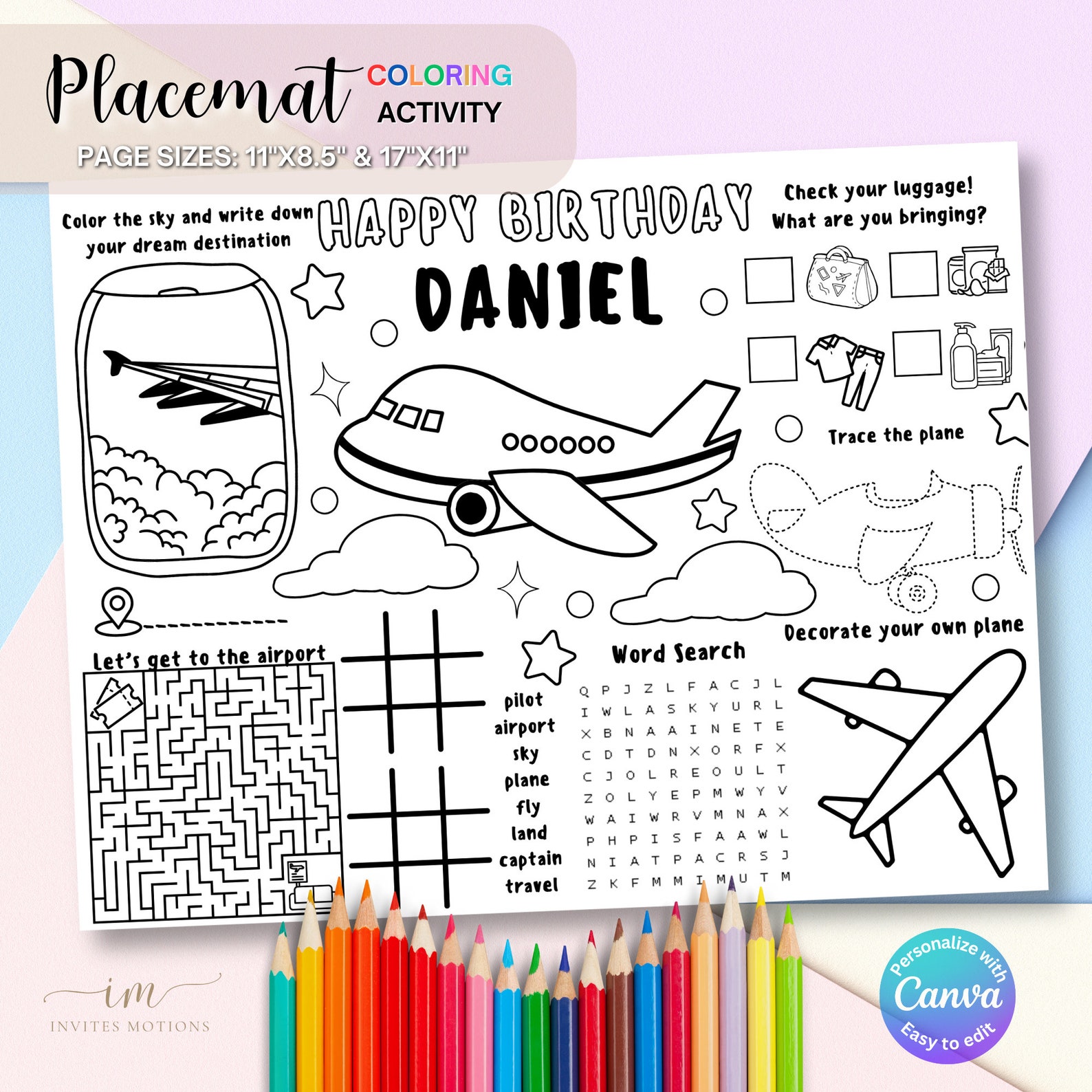 Airplane Birthday Coloring Placemat Party Games Children Activity Pilot ...
