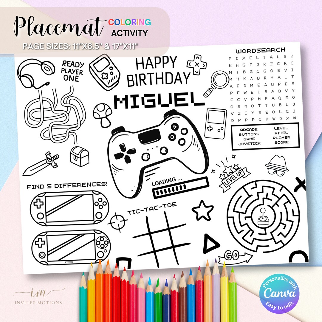 Video Game Birthday Coloring Placemat Party Games Children Activity ...