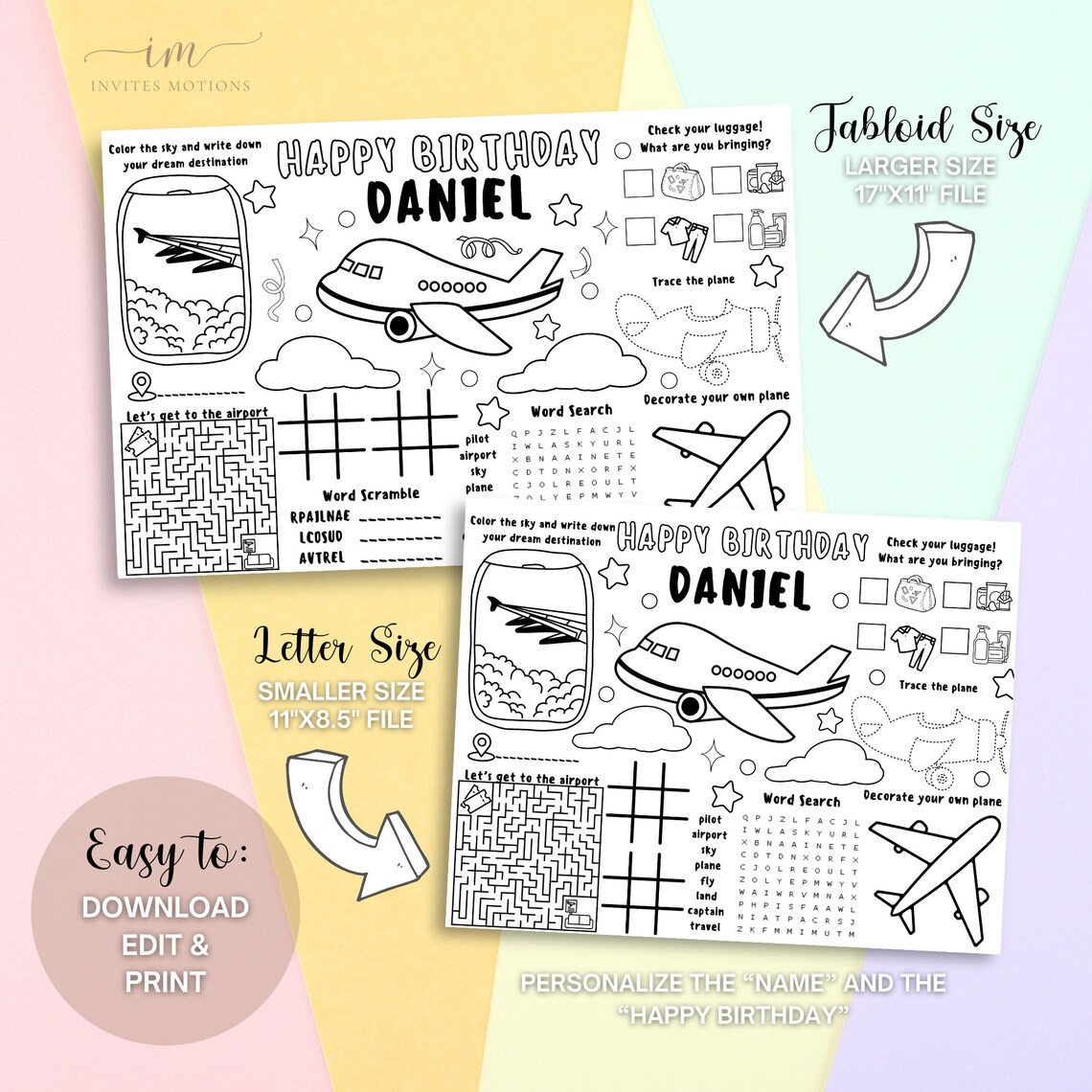 Airplane Birthday Coloring Placemat Party Games Children Activity Pilot ...
