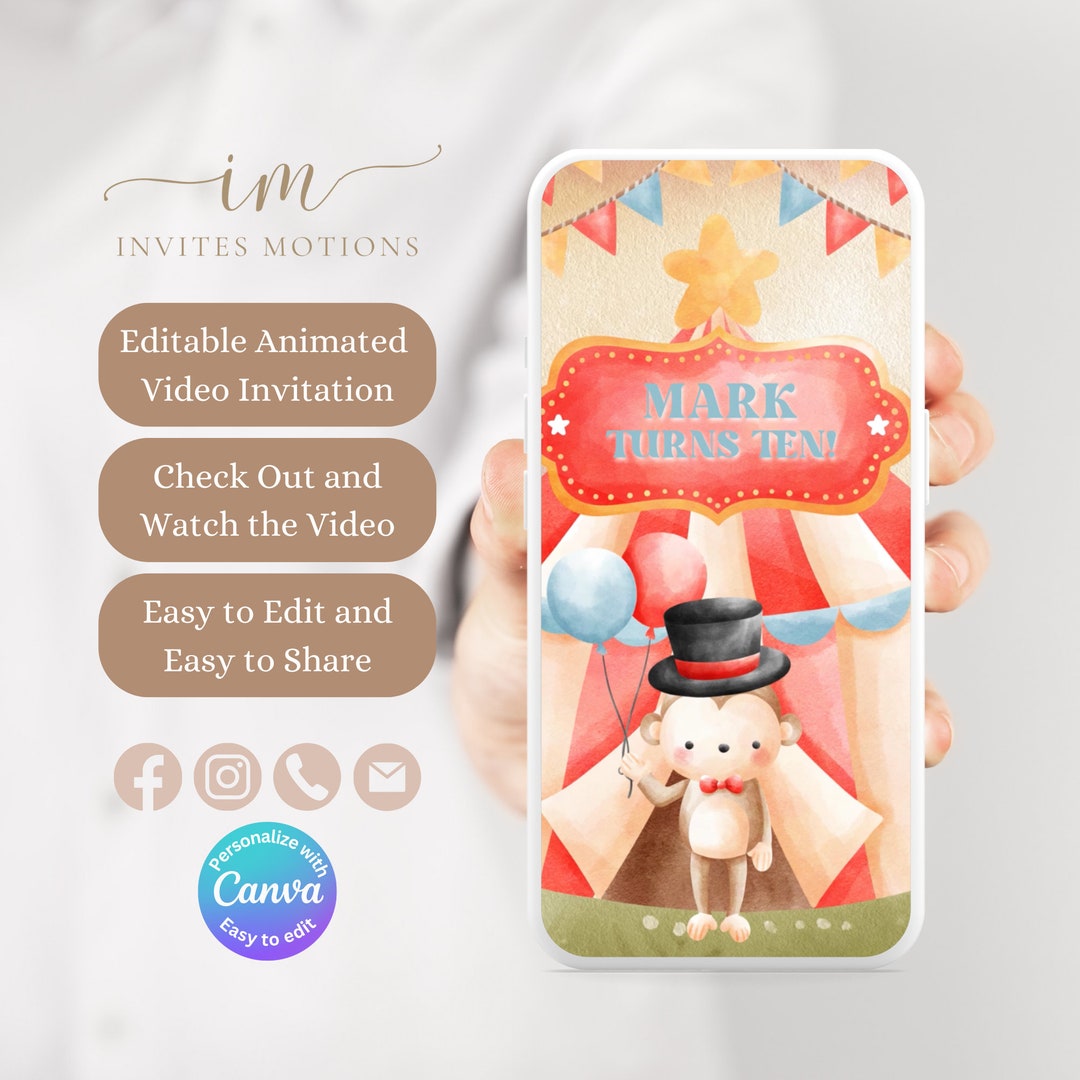 Circus Birthday Video Invitation: Editable Carnival SMS Evite - Etsy