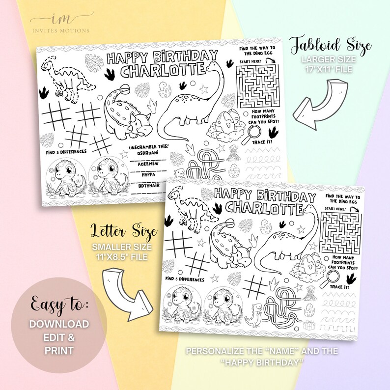 Dinosaur Birthday Coloring Placemat Party Games Children Activity Dino ...