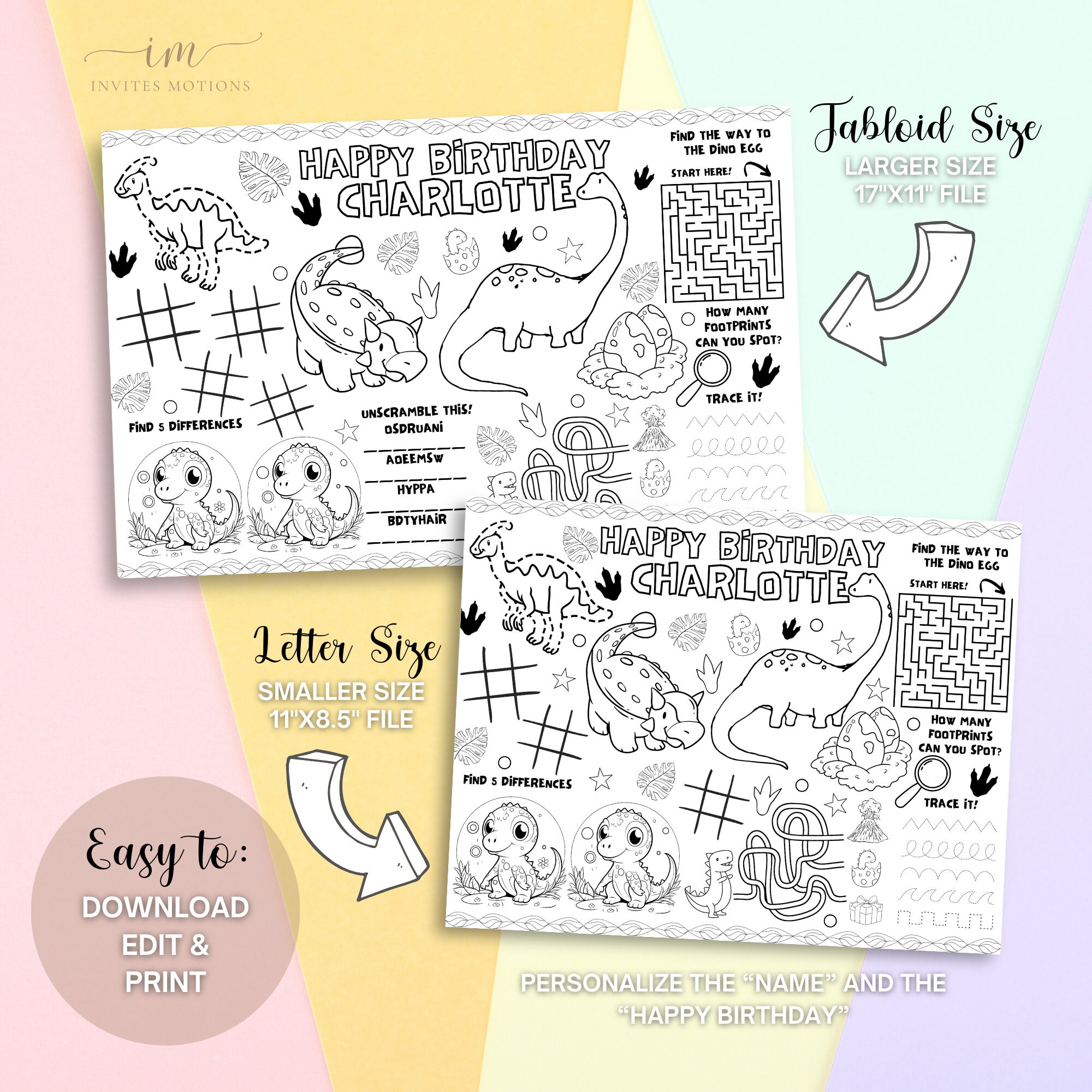 Dinosaur Birthday Coloring Placemat Party Games Children Activity Dino ...