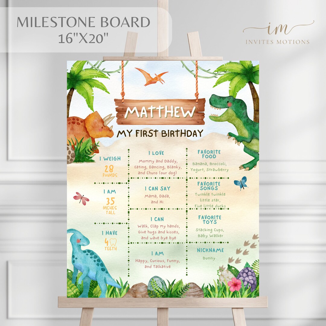 Editable Dinosaur First Birthday Milestone Poster Template, Dinosaurs ...