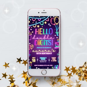 Hello Double Digits 10th Birthday Party Invitation Neon Glow Party ...