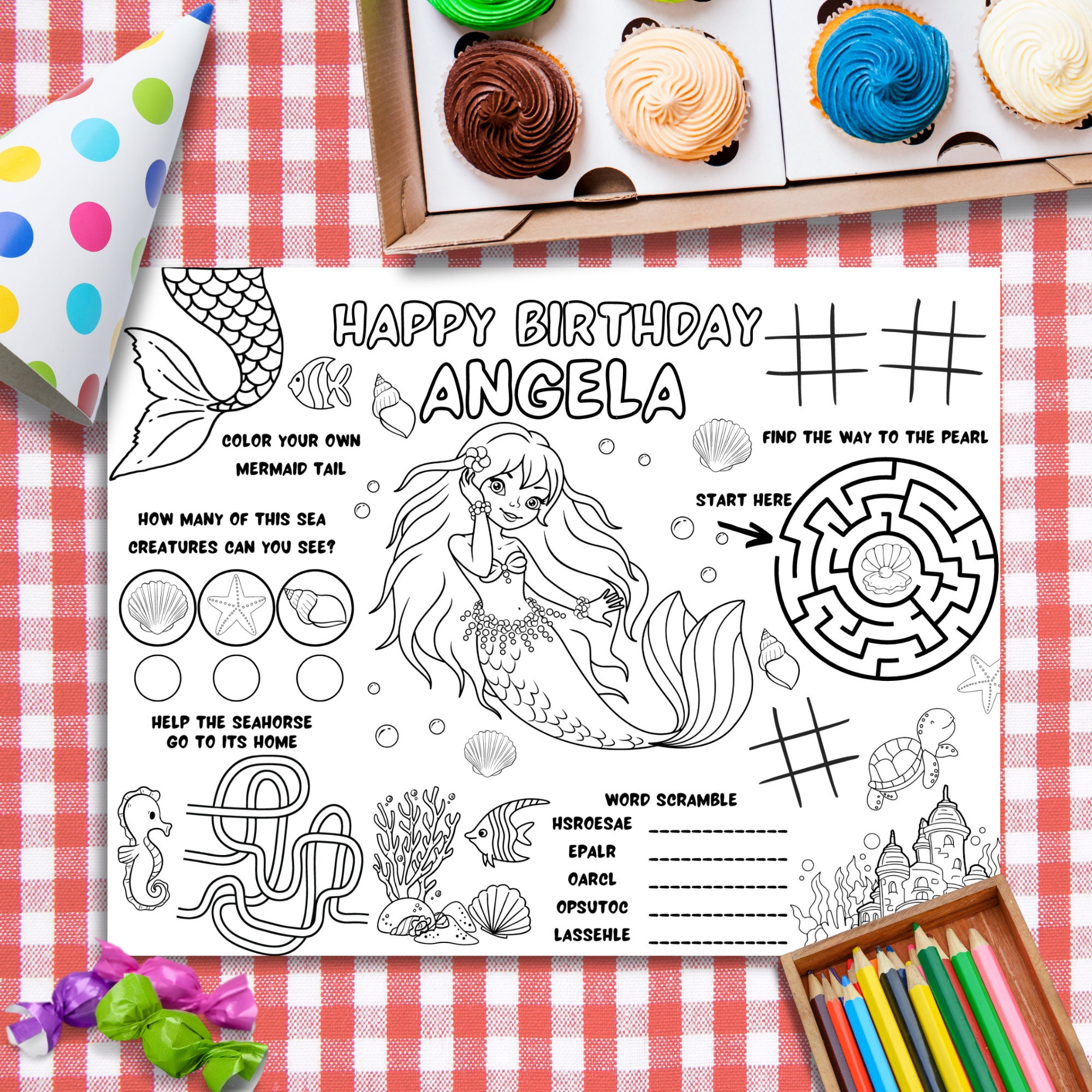 Mermaid Birthday Coloring Placemat Party Games Children Activity ...