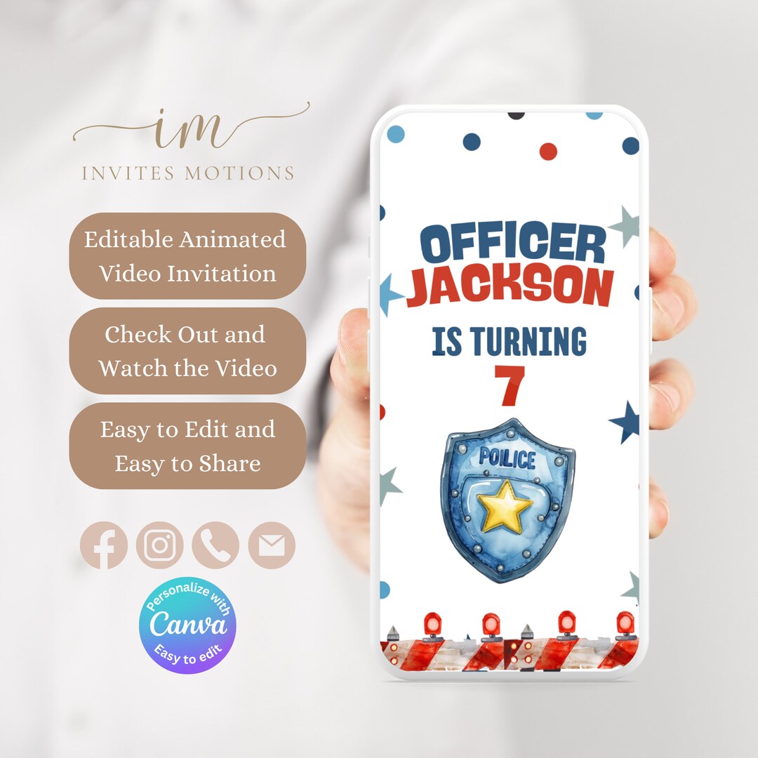Police Car Birthday Video Invitation Editable Policeman Text Message ...