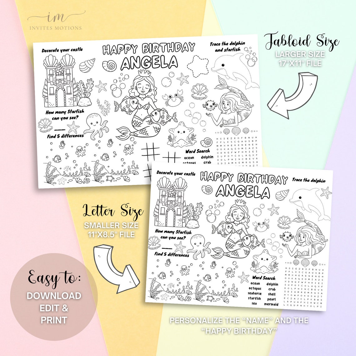 Editable Mermaid Birthday Coloring Placemat Party Games Children ...